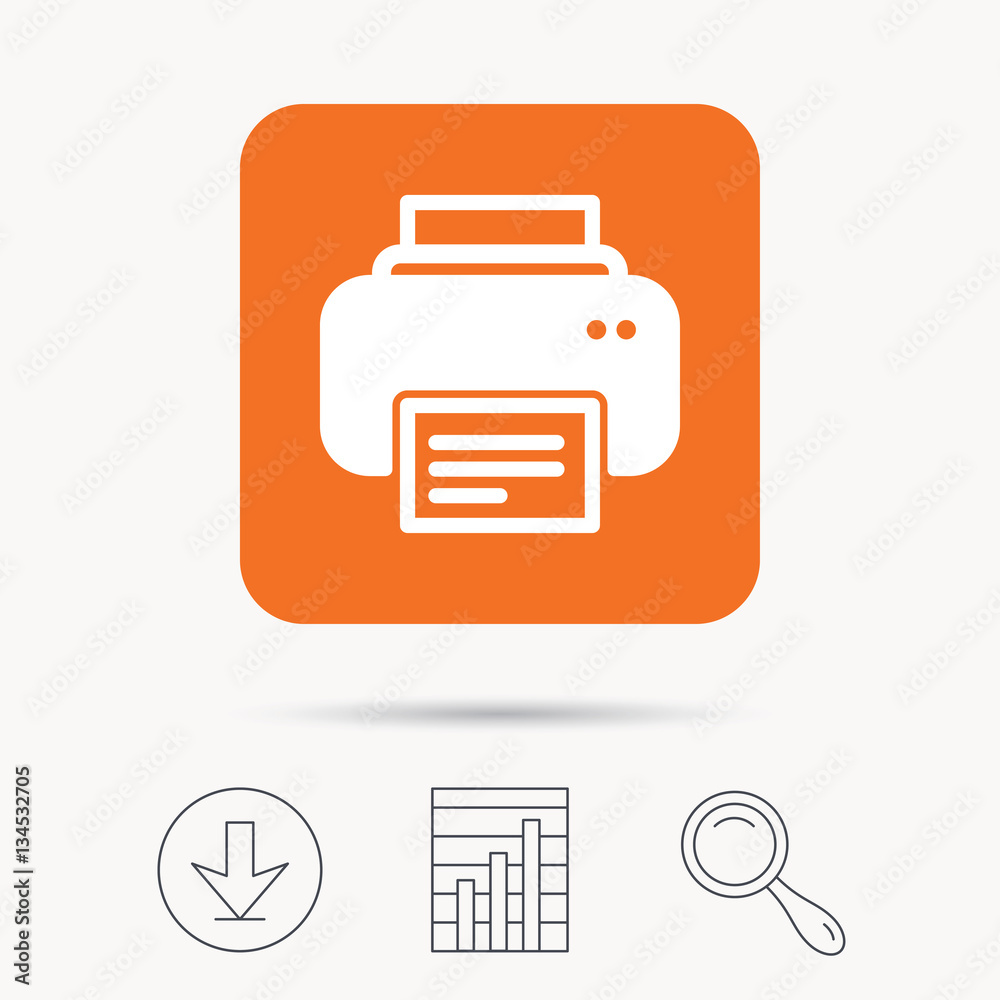 Printer icon. Print documents technology symbol. Report chart, download ...