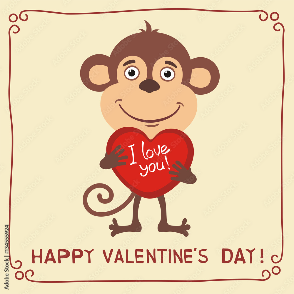 Happy Valentine's Day! I Love You! Funny monkey with heart in hands ...