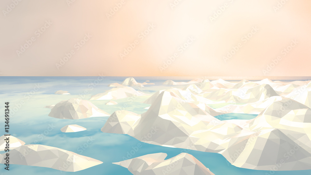 3d rendering picture of Arctic sea ice. Low poly icebergs against ...