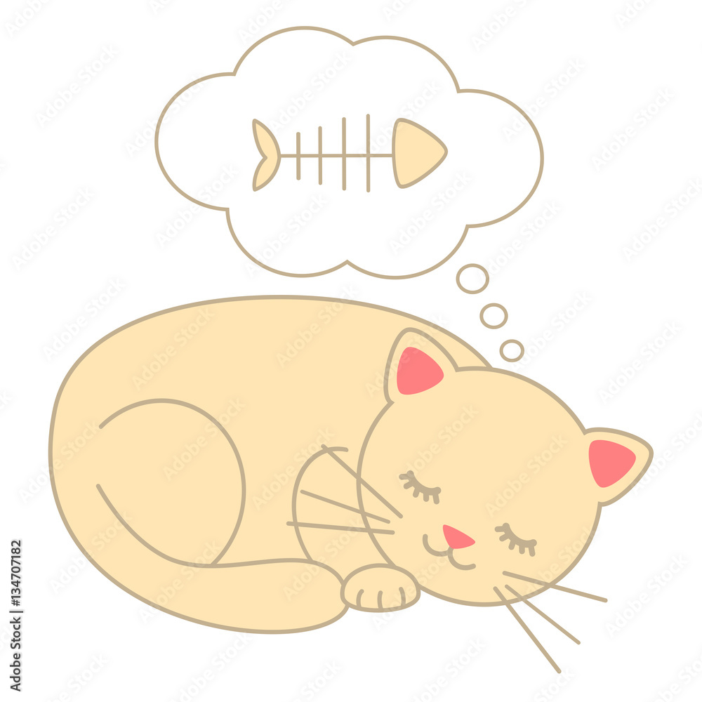 cute cartoon sleeping cat dreaming fish bone vector illustration ...