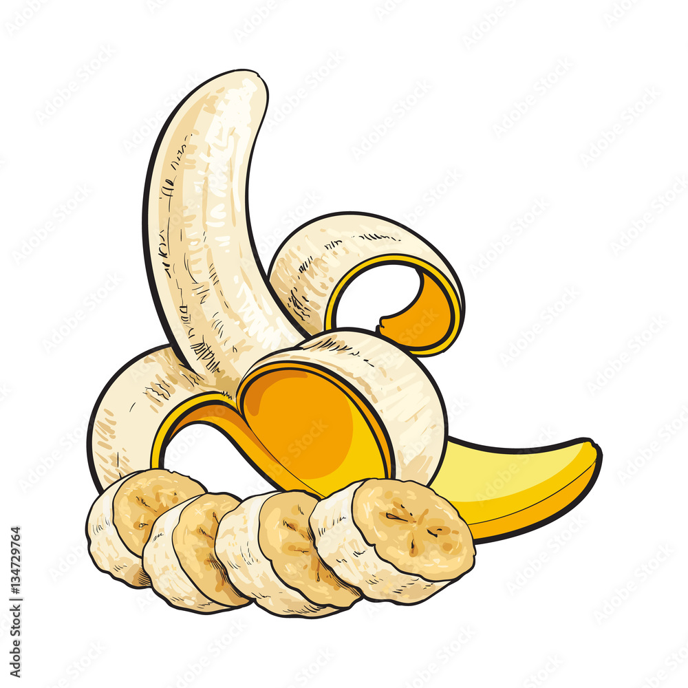 Ripe banana - open, peeled and slices chopped into pieces, sketch style ...