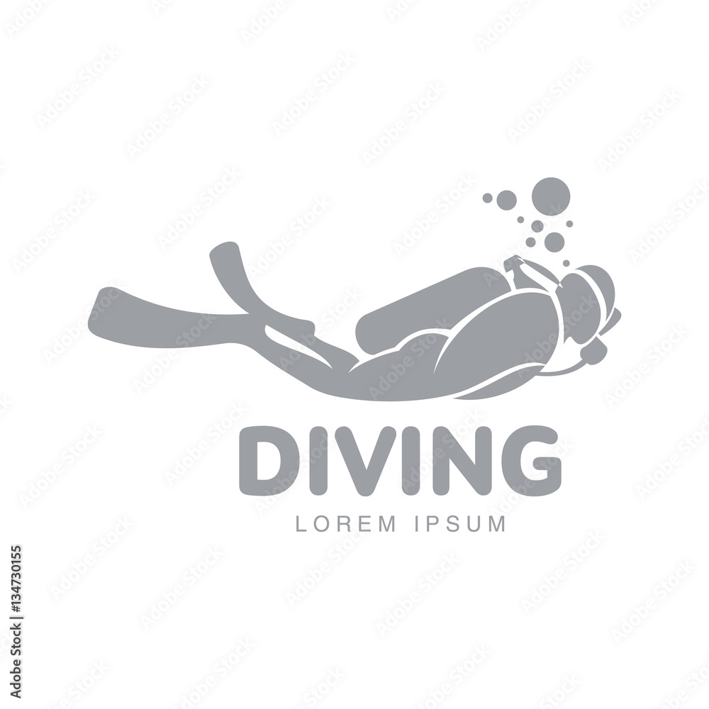 Black and white graphic diving logo template with diver swimming ...