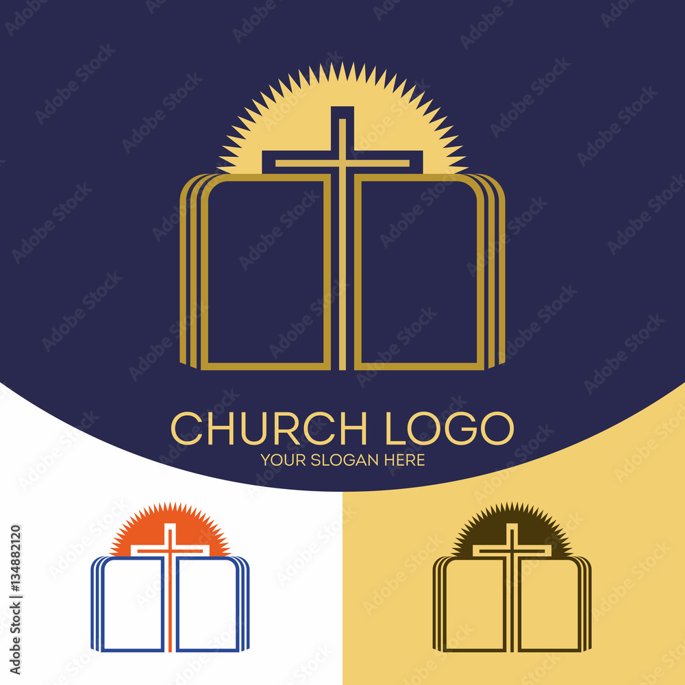 Church logo. Christian symbols. Holy Scripture, the Bible, the cross of ...