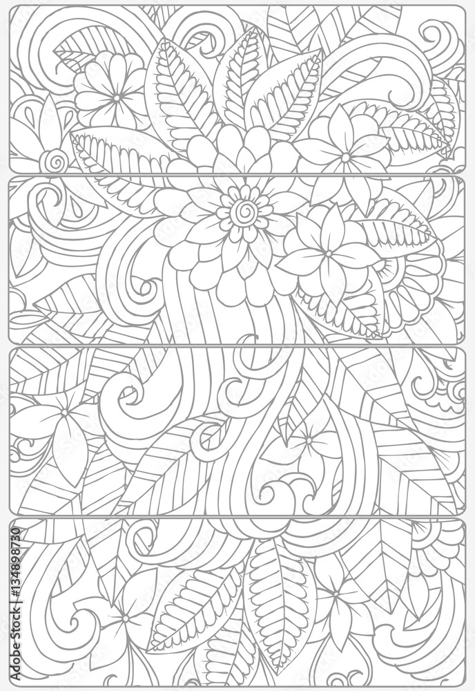 Floral doodles for coloring.Vector set of monochrome bookmarks . Stock ...