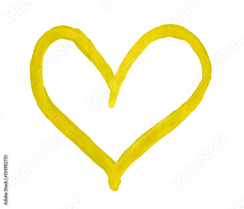 The outline of the yellow heart drawn with paint on white background ...