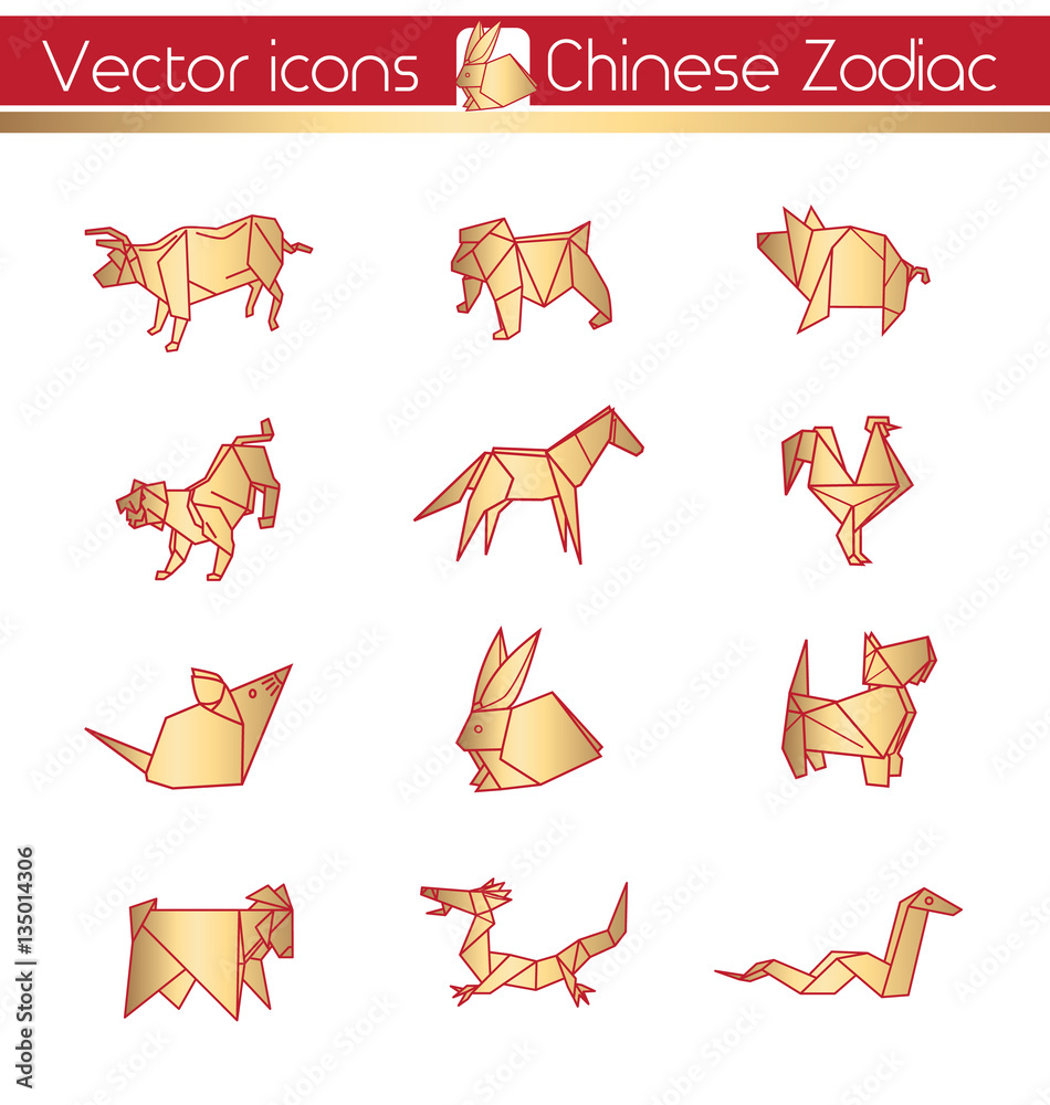Chinese zodiac, Gold origami, Vector icons. Stock Vector | Adobe Stock