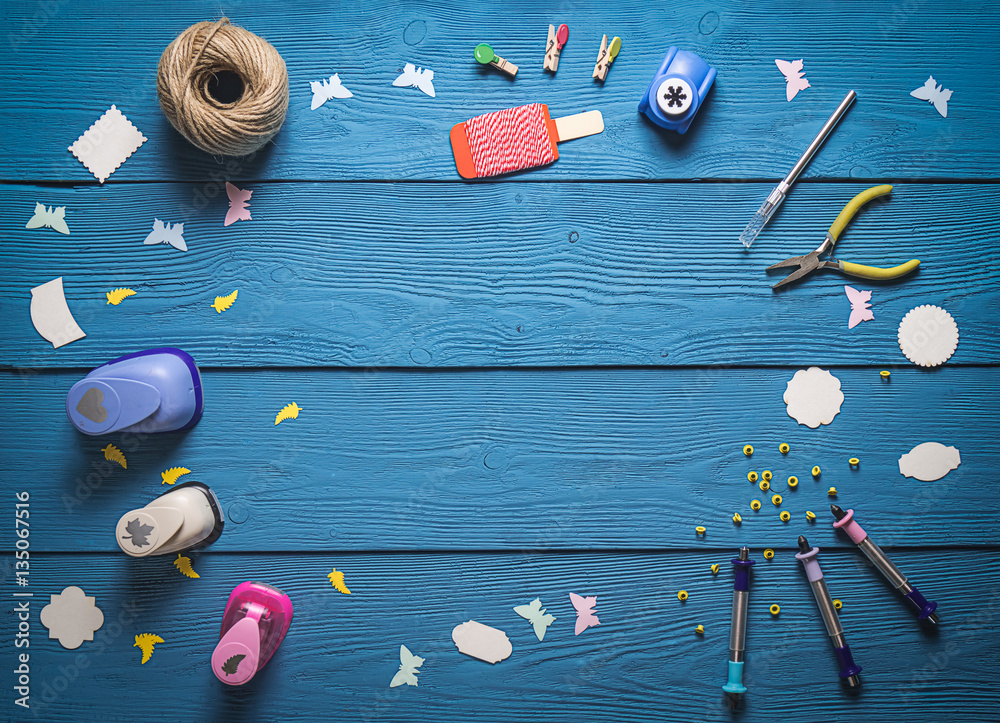 tools for scrapbooking on wooden boards and copy space Stock Photo ...