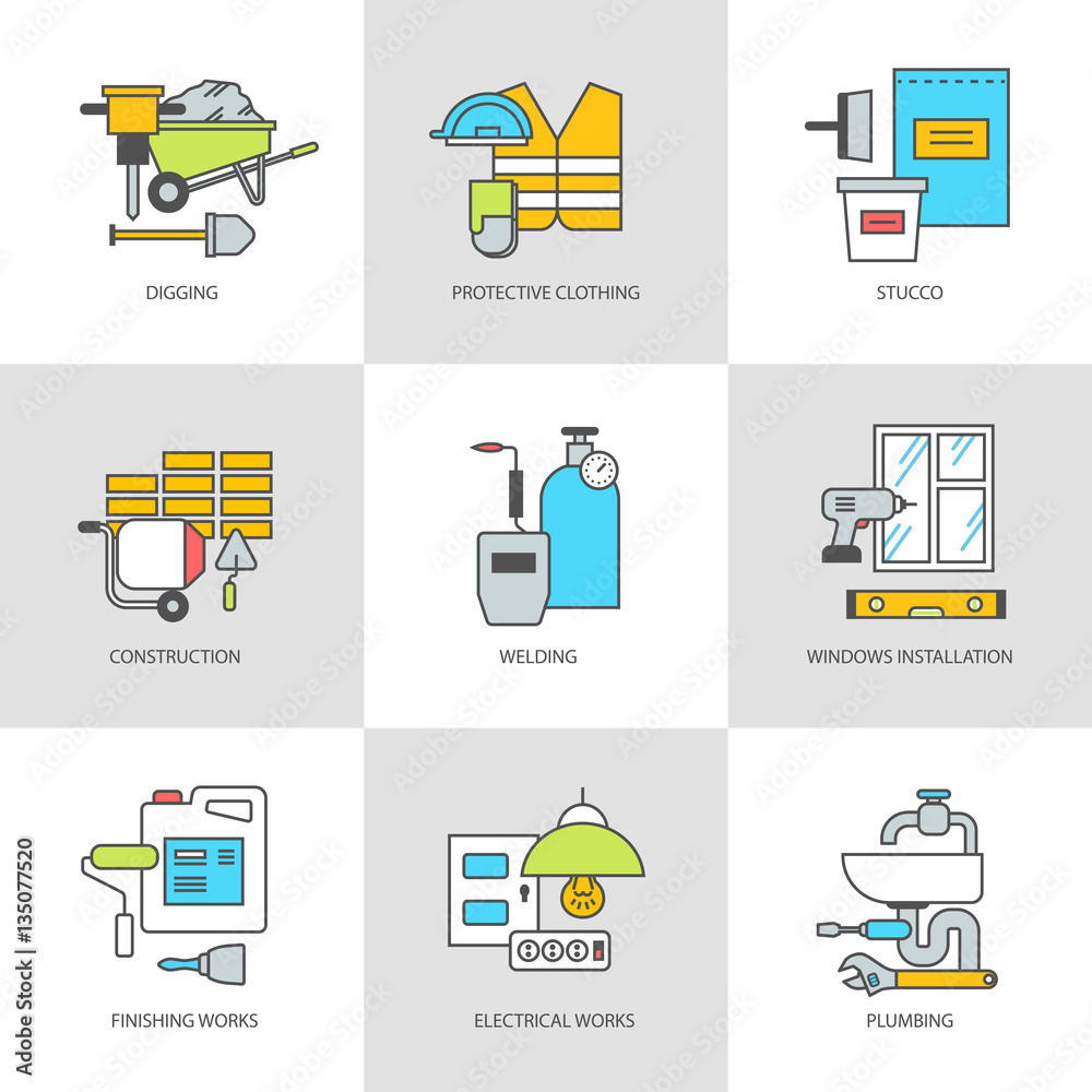 The flat line of conceptual icons, objects and tools. Construction ...