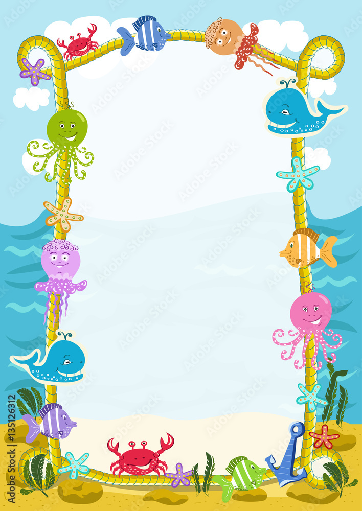 Sea frame with cartoon sea animals. Children's diploma. Sea life. Stock ...