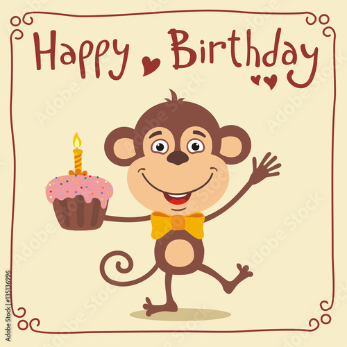 Happy birthday! Funny monkey with birthday cake. Greeting card with ...
