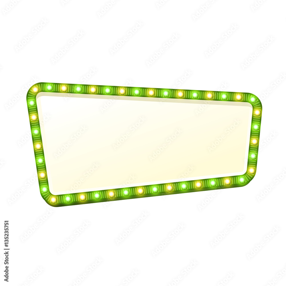 Blank 3d retro light sign with shining bulbs isolated on white ...