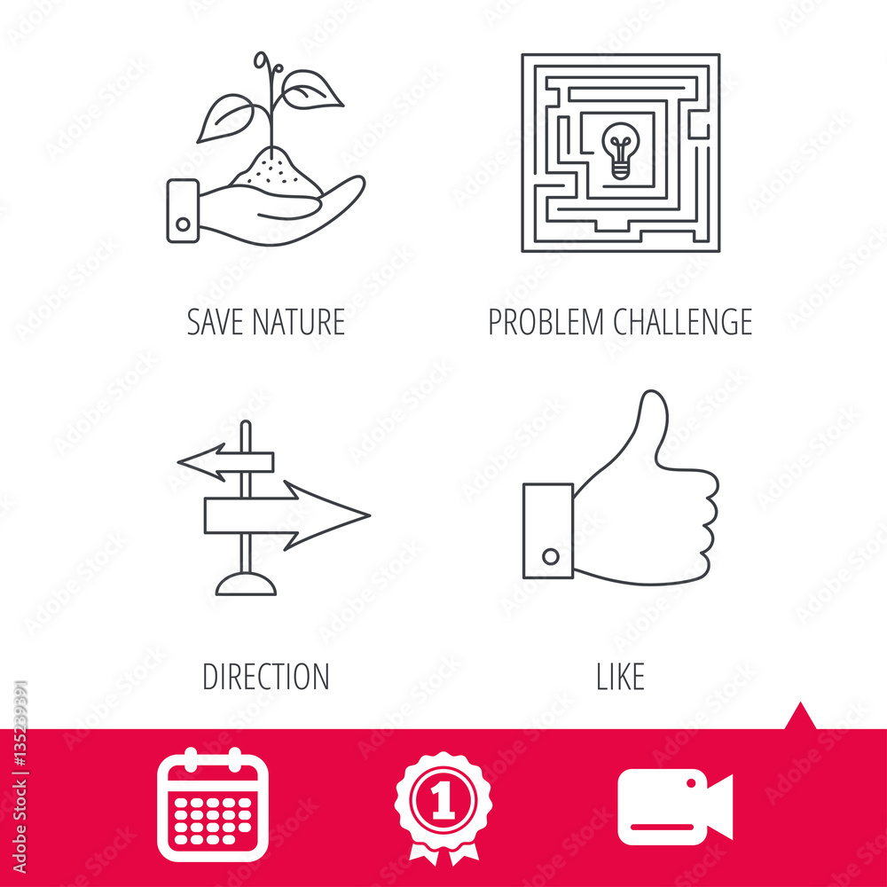 Achievement and video cam signs. Save nature, thumb up and direction ...