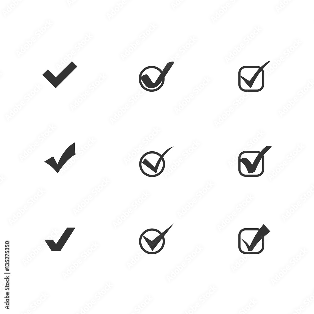 Check mark icons. Ticks. Set of Nine Icons. Vector black confirm icons ...