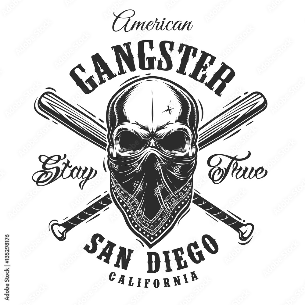 Gangster emblem, label, print, badge with skull in bandana and crossed ...