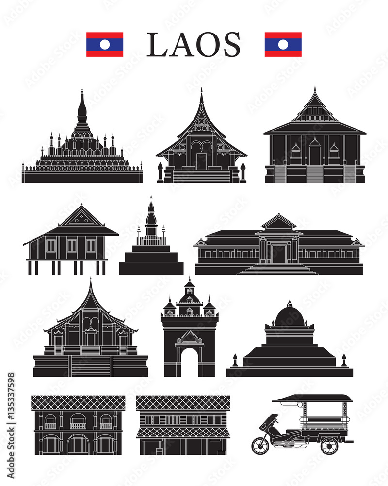 Laos Landmarks and Culture Object Set, Design Elements, Black and White ...