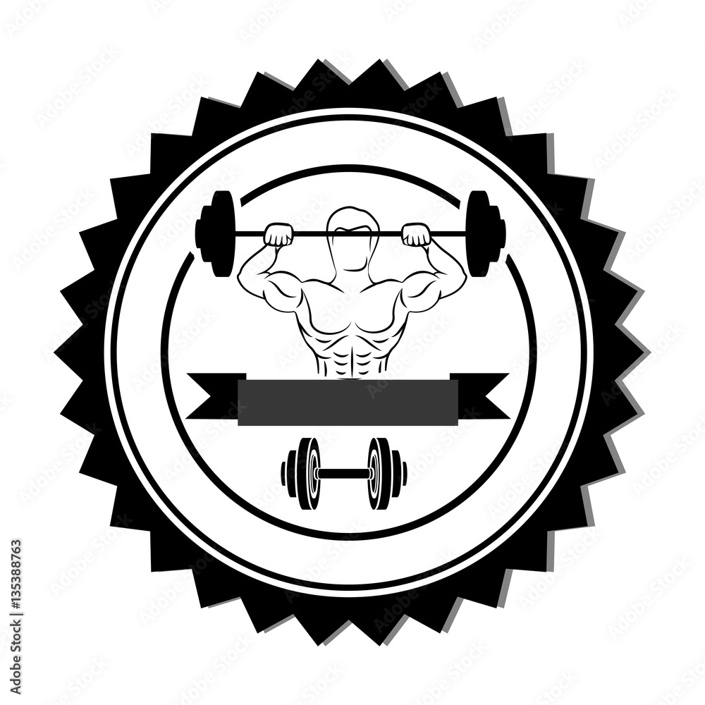 silhouette stamp border with muscle man lifting a disc weights and ...