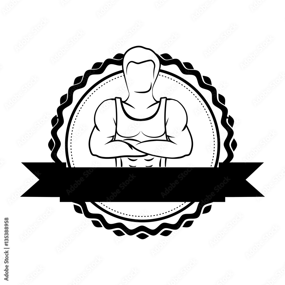 silhouette sticker border with muscle man crossed arms and label vector ...