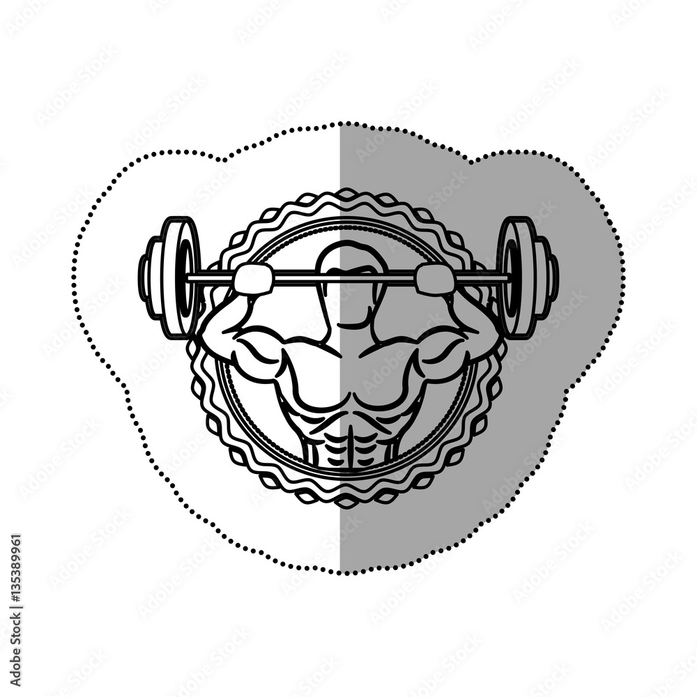 sticker border with contour muscle man lifting a disc weights shading ...