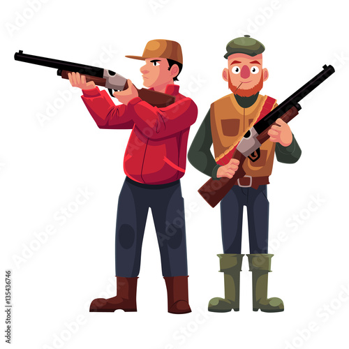 Two hunters, one in vest holding rifle, another aiming with a gun ...
