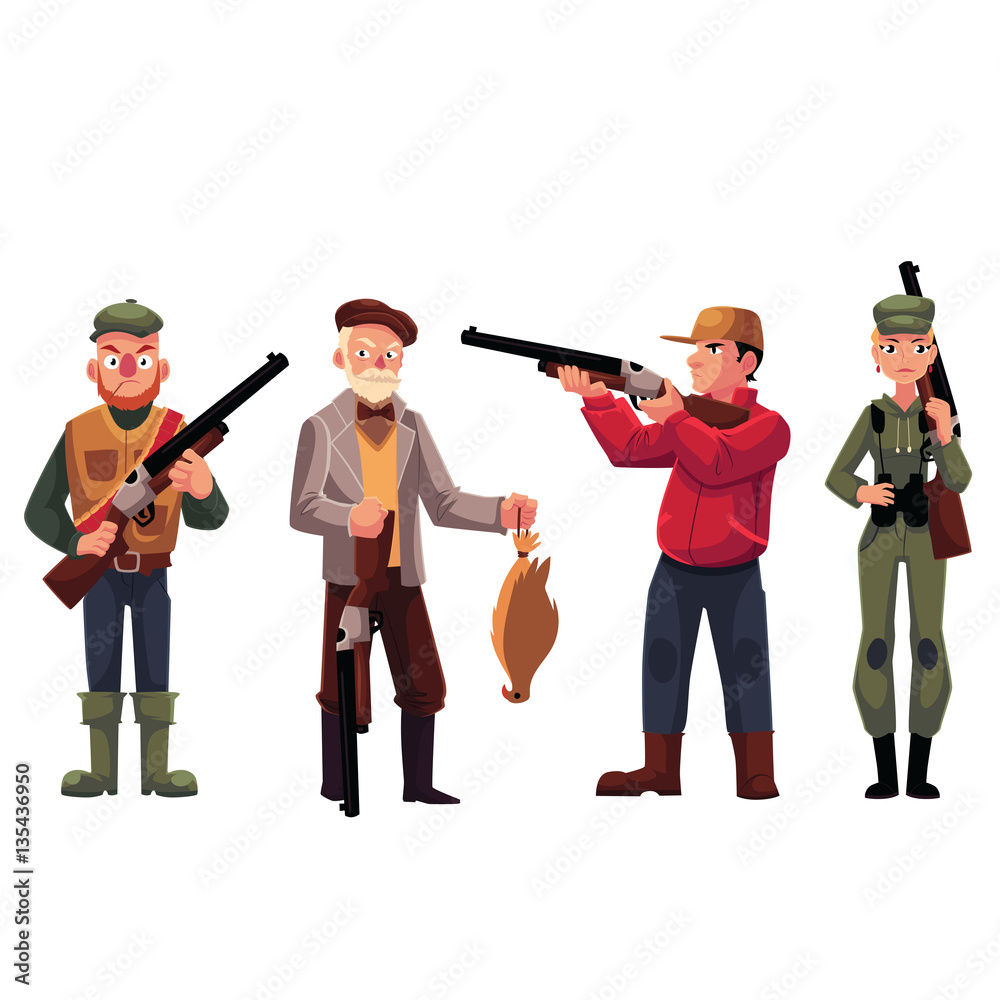Set of various male and female hunters - old fashioned, modern ...