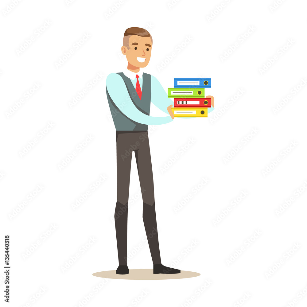 Man Holding Pile Of Folders, Part Of Office Workers Series Of Cartoon ...
