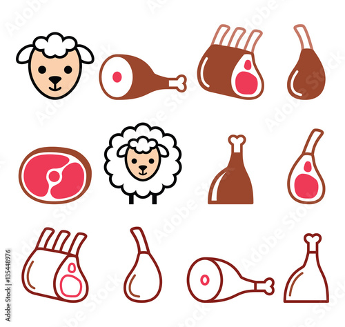 Lamb meat, leg of lamb, lamb shanks and ribs icons set Stock ベクター ...