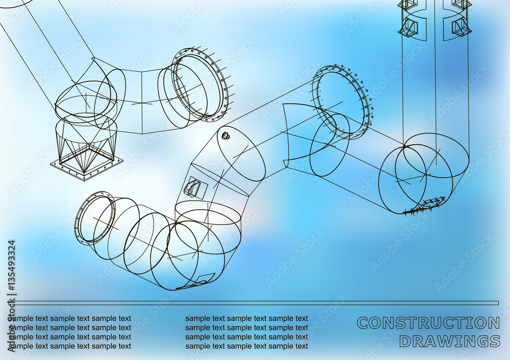 Drawings of steel structures. Pipes and pipe. 3d blueprint of steel ...