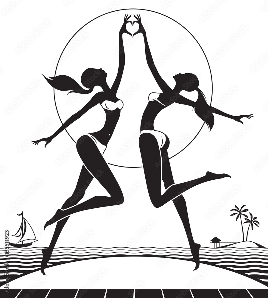 Two Girls Making Love Sign With Their Hands Vector Illustration Stock
