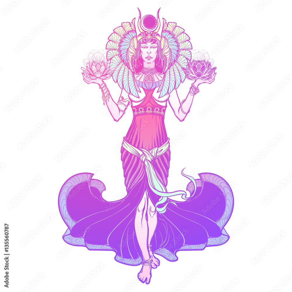 Egyptian goddess Isis balancing in hands black and white lotus as a ...
