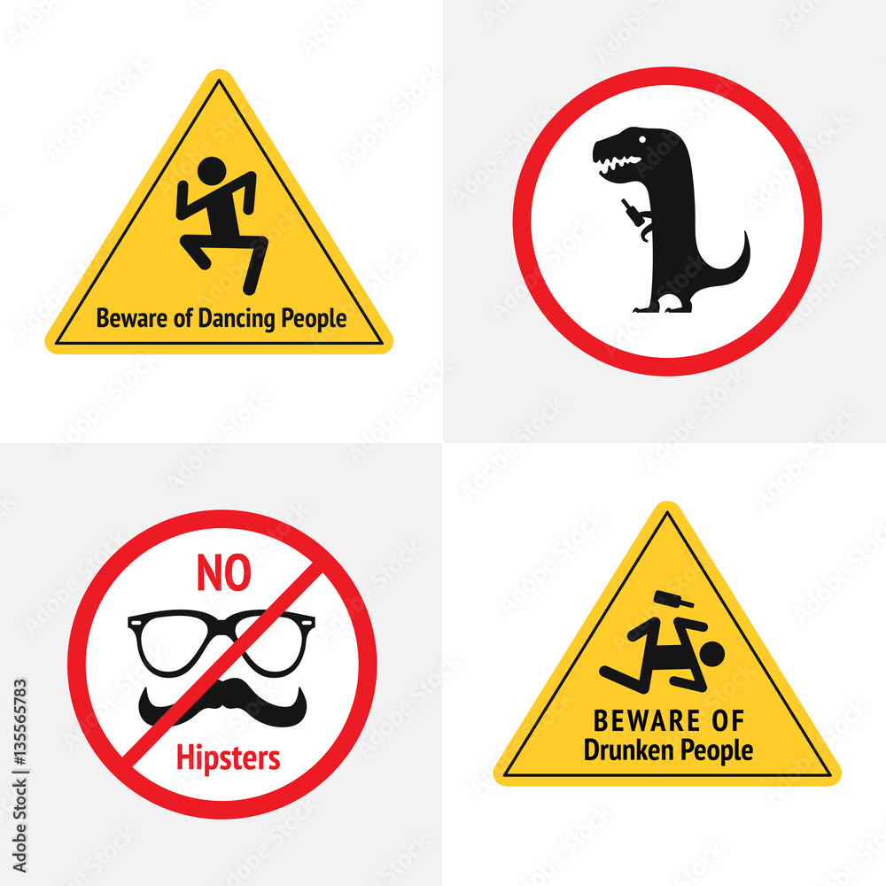 Vektor Vector set of the funny road signs for bar or night club. Beware ...