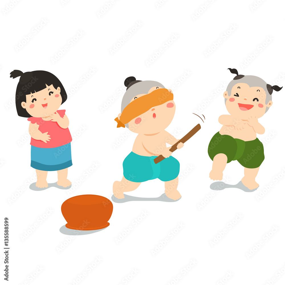 Blind fold Pot Hitting traditional Thai Kid game vector Stock Vector ...
