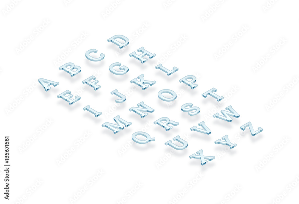 Illustration Stock Glass transparent alphabet, isometric view, 3d ...