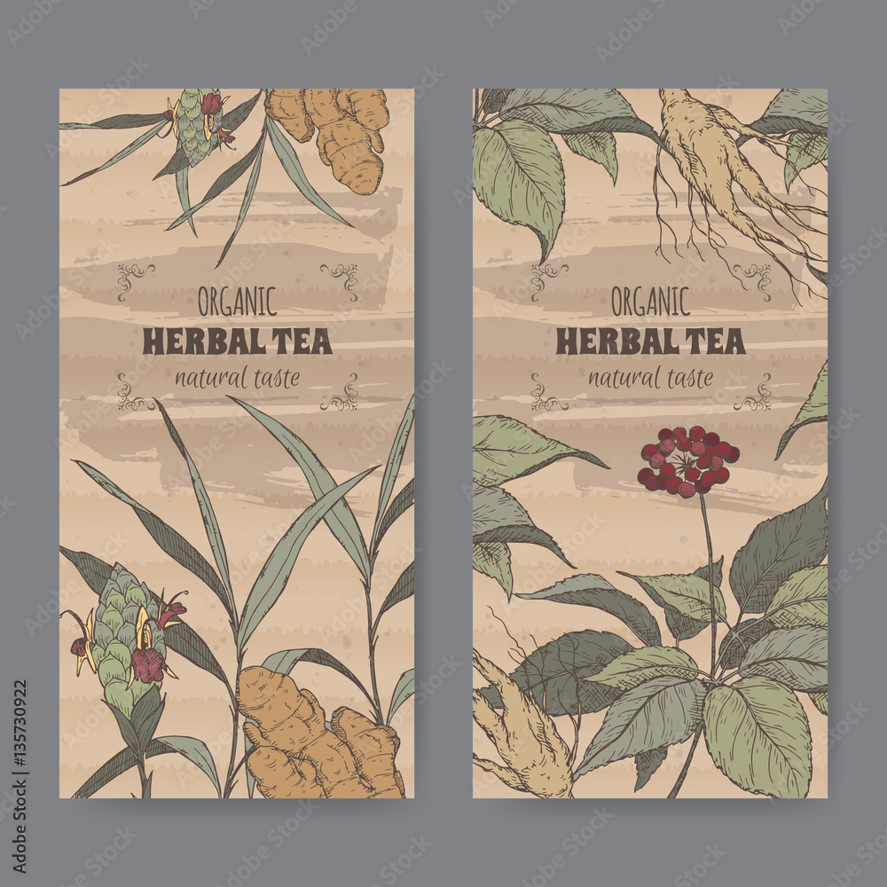 Two color vintage labels for ginger and ginseng herbal tea. Stock ...