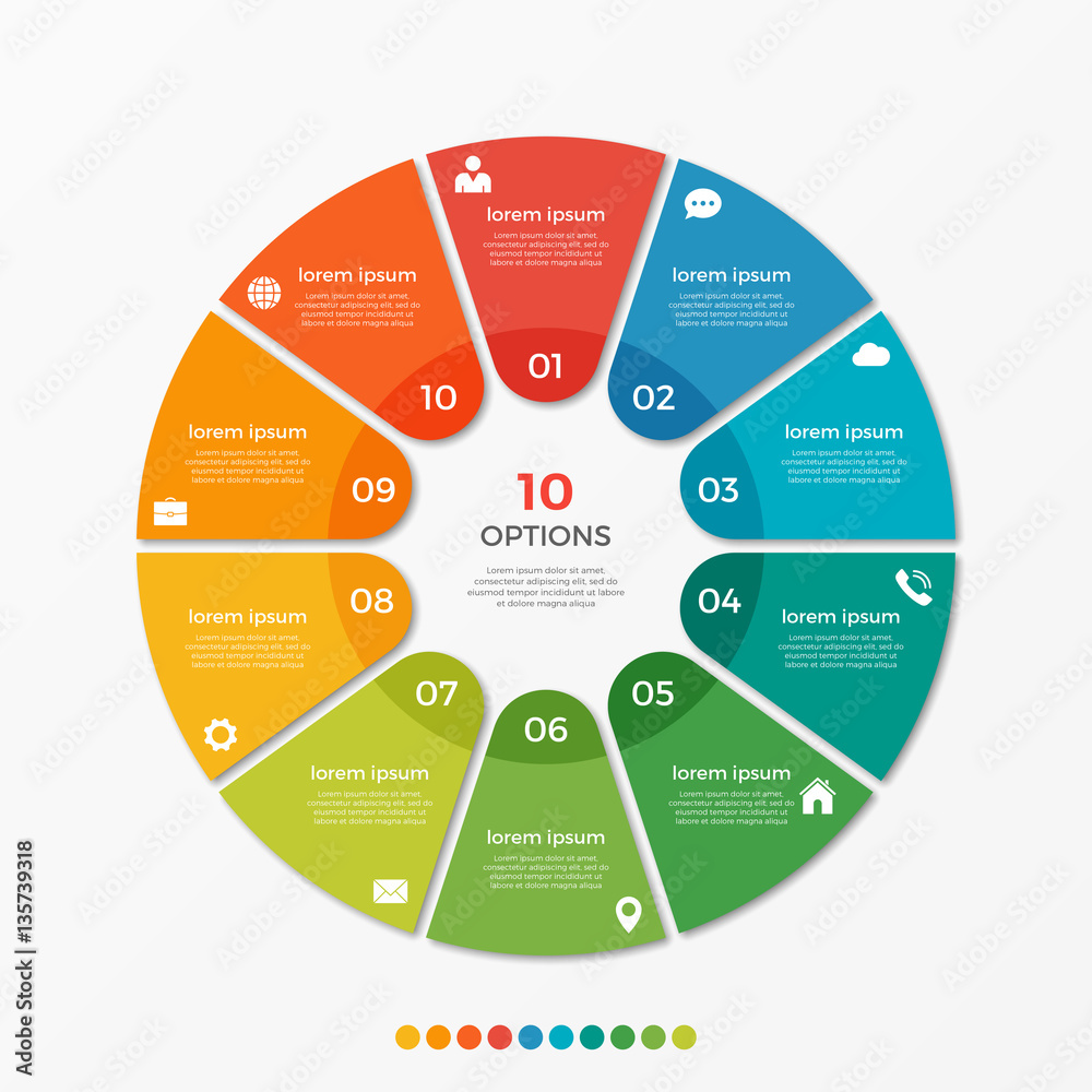 Circle chart infographic template with 10 options for presentations ...