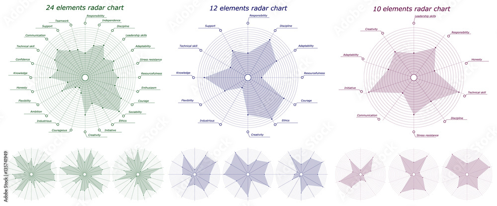 Set of Infographic pattern. 10, 12, 24 elements radar chart. Character ...