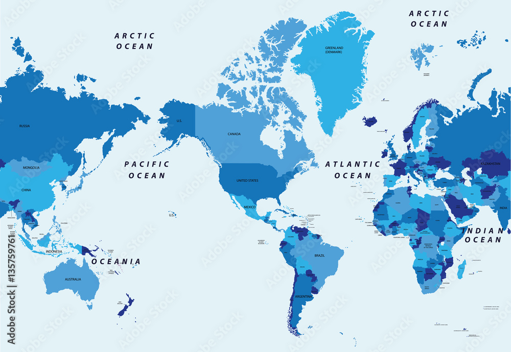 Detailed vector illustration world political map centered by America ...