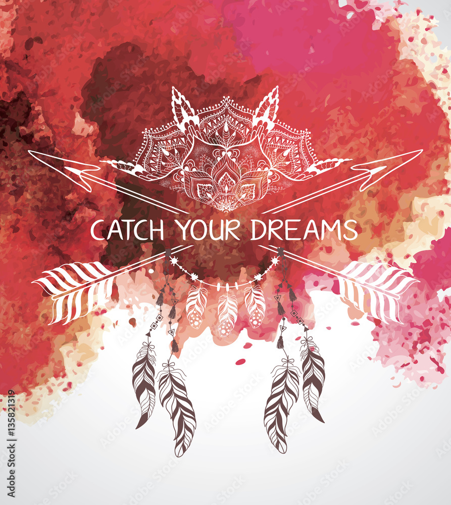 Hand drawn boho style design with mandala, arrow and feathers on the ...