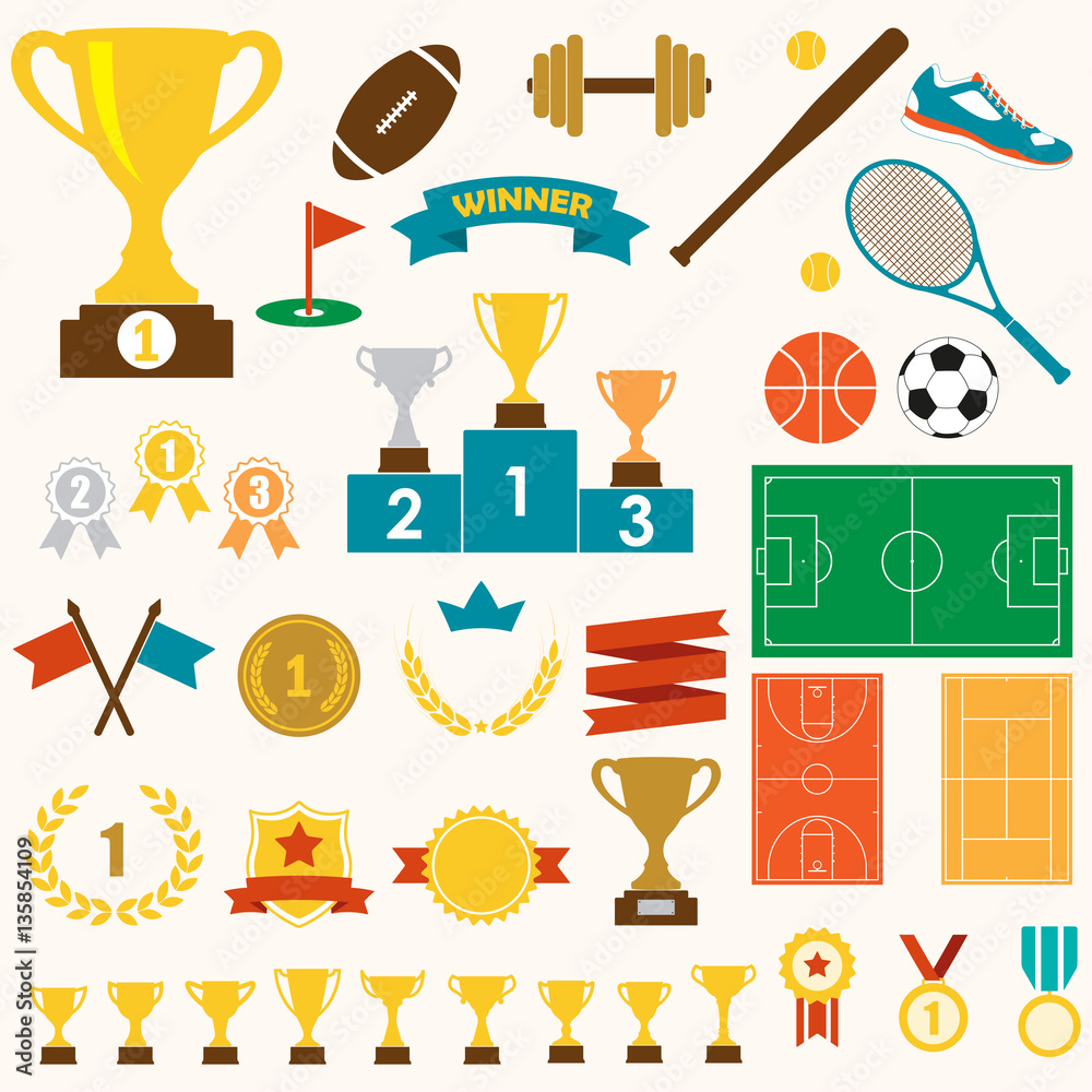 Trophy, awards and sports icon set: winning trophy cup, medals ...