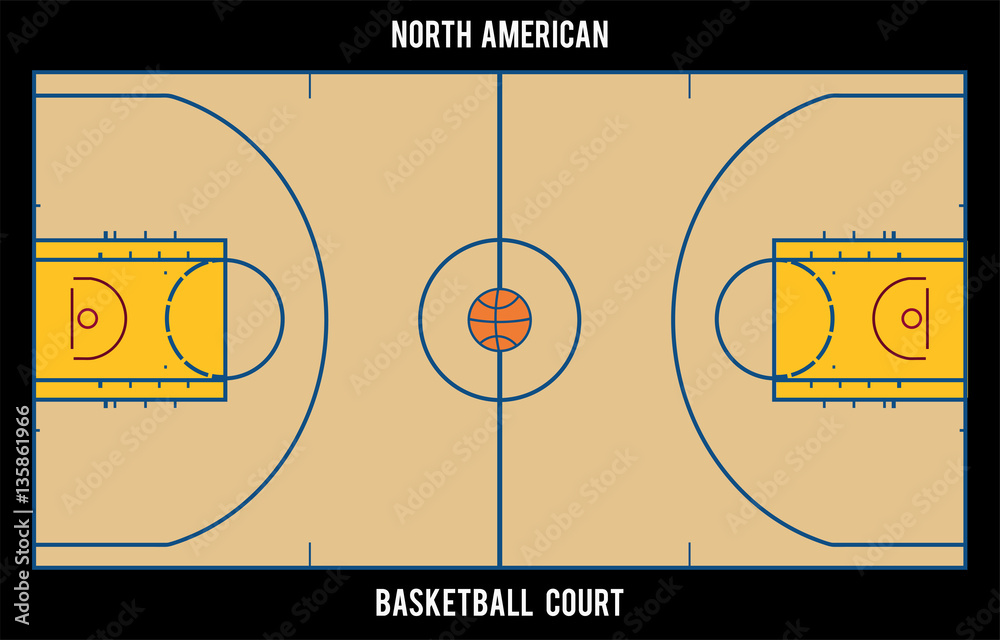 North American basketball court.Top view illustration. Proper markings ...