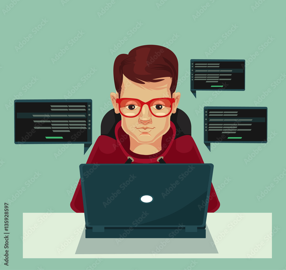 Young programmer man character coding. Vector flat cartoon illustration ...