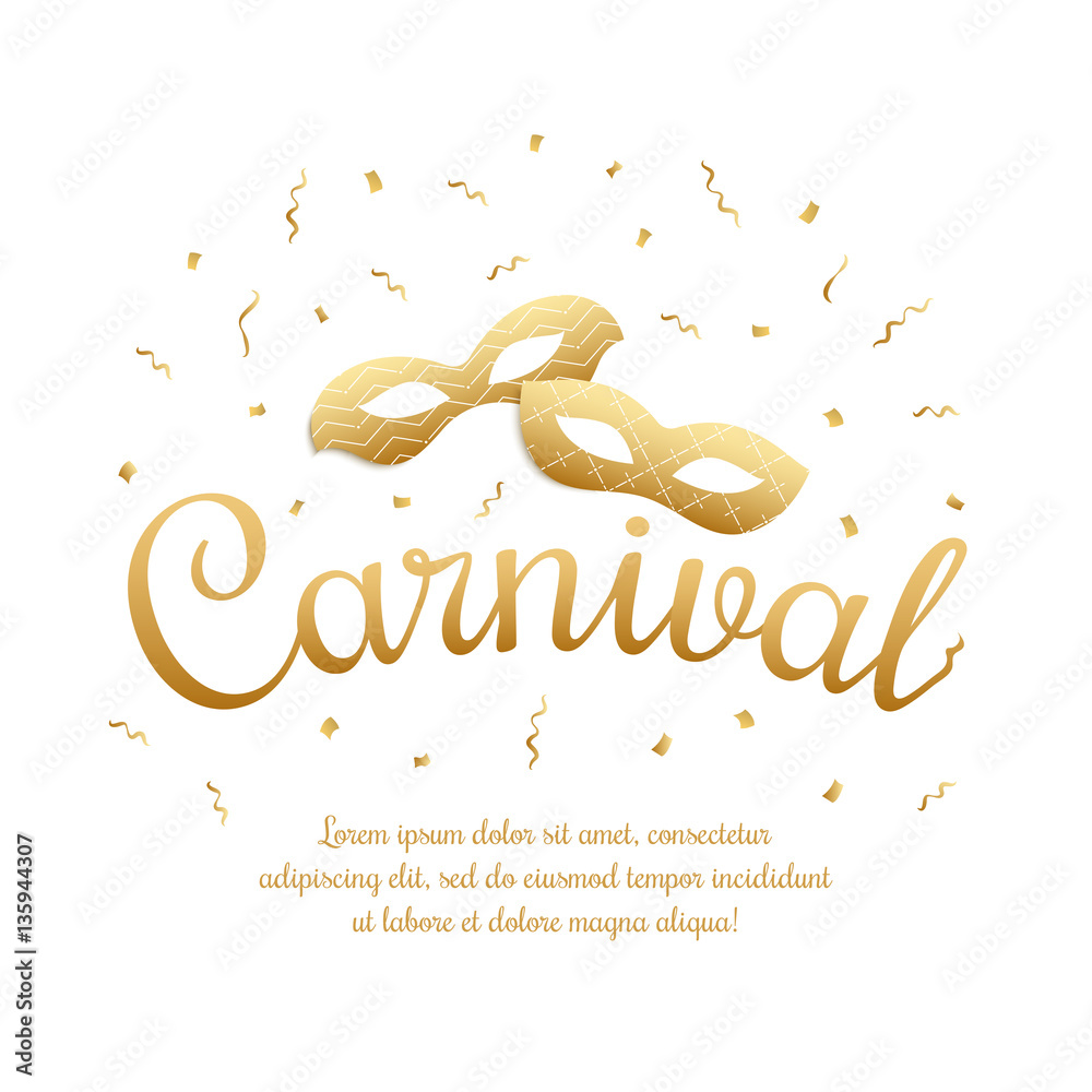 Gold lettering Carnival with masquerade masks on white background ...
