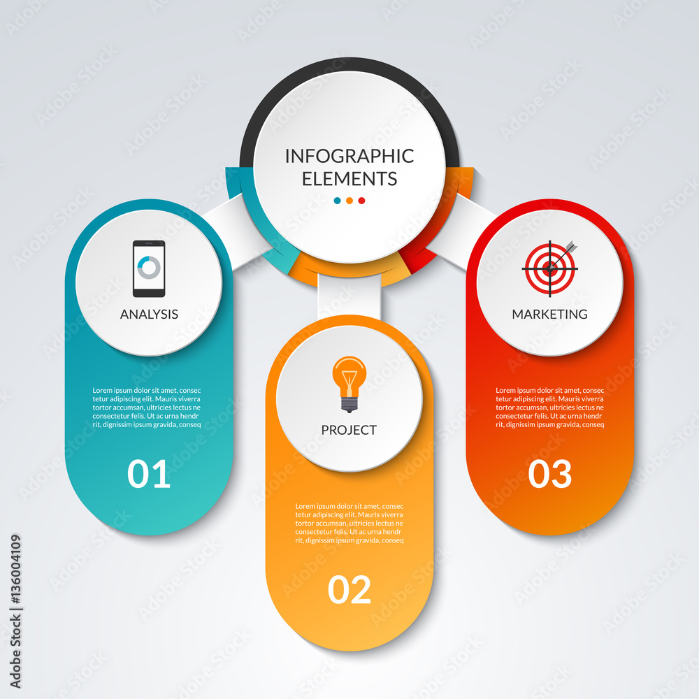 Infographic template with 3 option circles and columns. Business ...