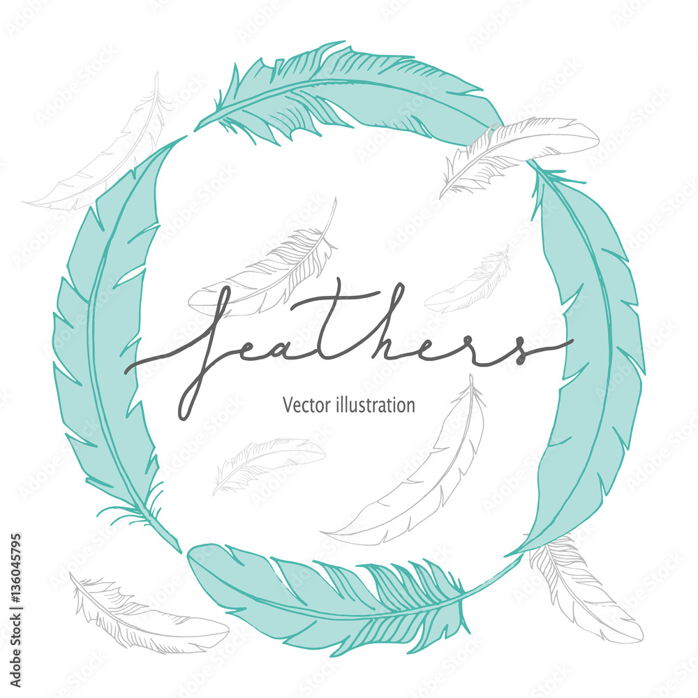 Modern cover template with hand drawn feathers on white background in ...