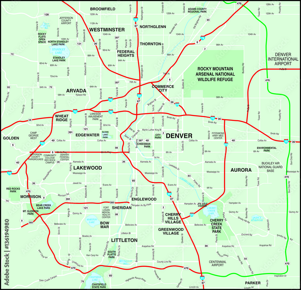 Denver Metro Map with Major Roads Stock Vector | Adobe Stock