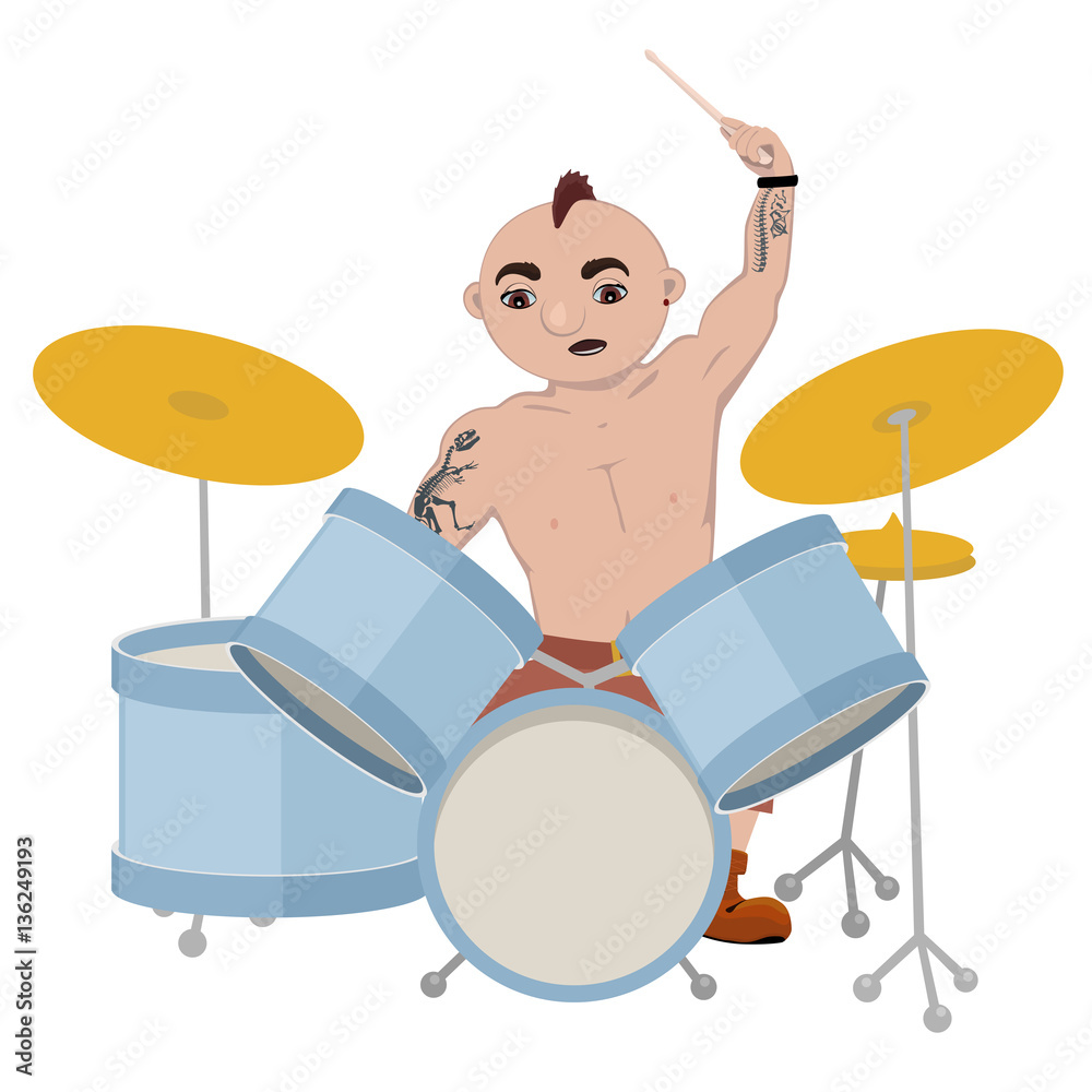 Vector illustration of funny playing rock drummer. Heavy metal, band ...