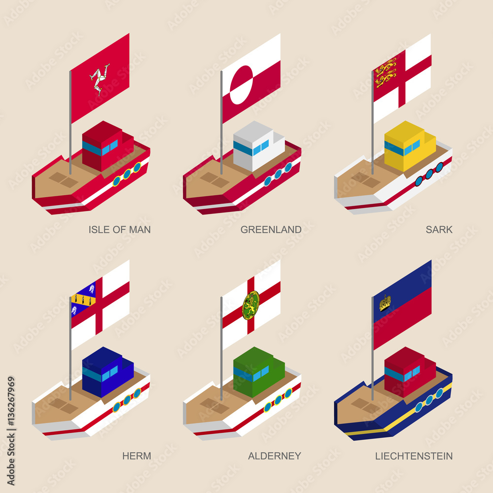 Set of isometric 3d ships with flags of countries and islands. Cartoon ...
