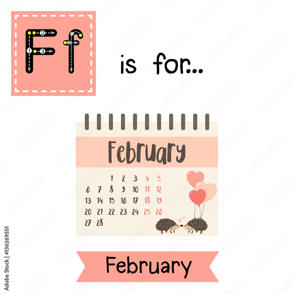 Cute children ABC alphabet F letter tracing flashcard of February for ...