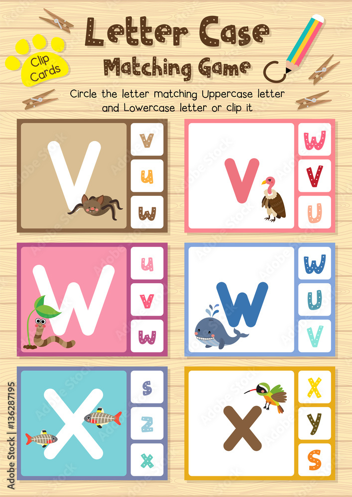 Clip cards matching game of letter case V, W, X for preschool kids ...