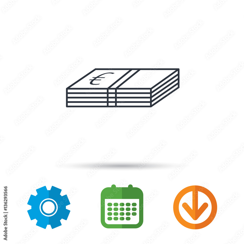 Cash icon. Euro money sign. EUR currency symbol. Calendar, cogwheel and ...