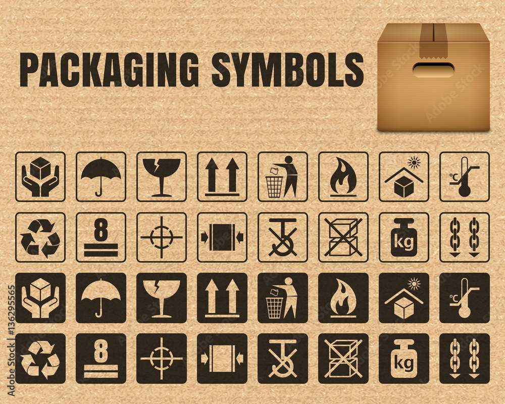Packaging symbols on a cardboard background including Fragile, Handle ...